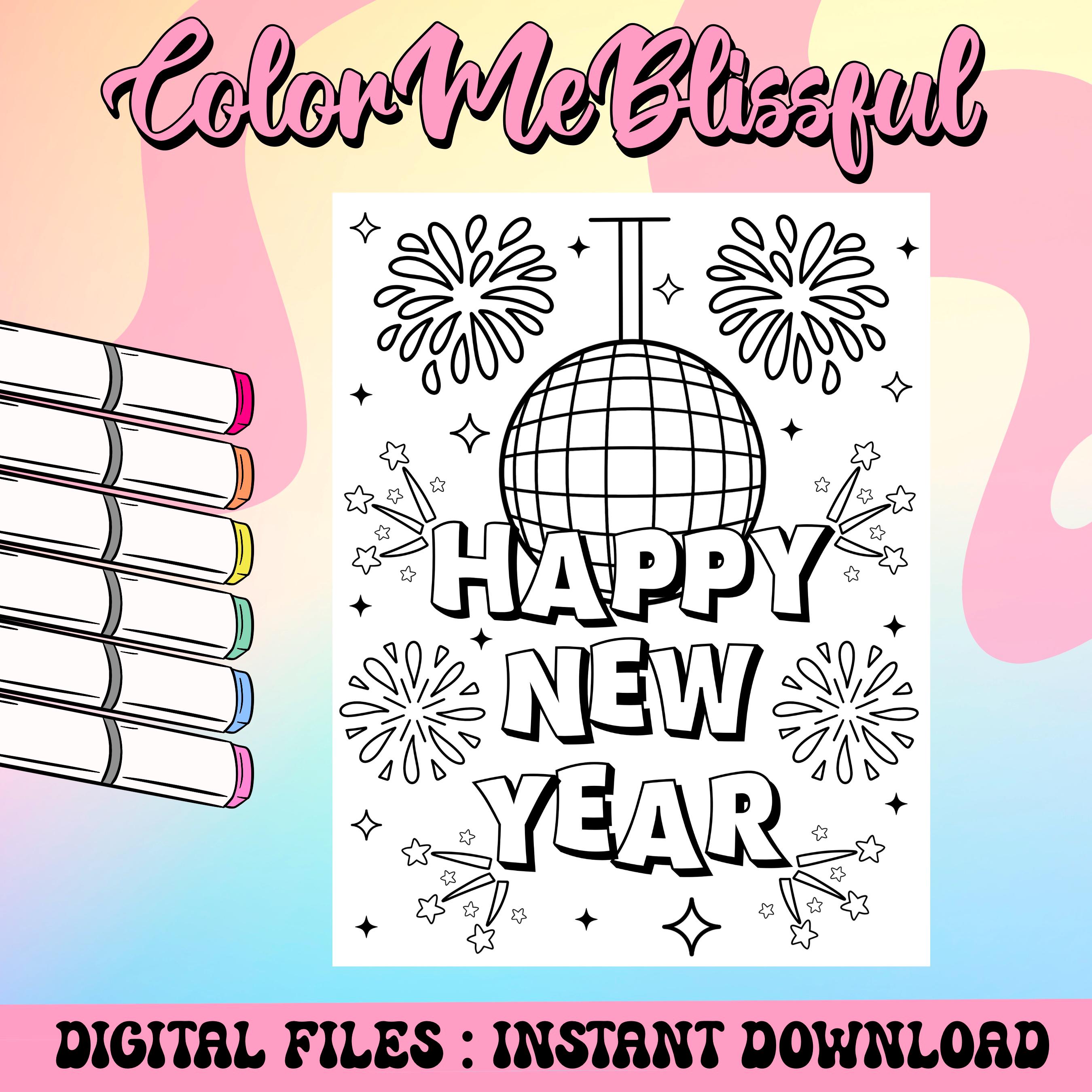 Cute and Bold Happy New Year 2025 Coloring Pages, Digital Coloring ...