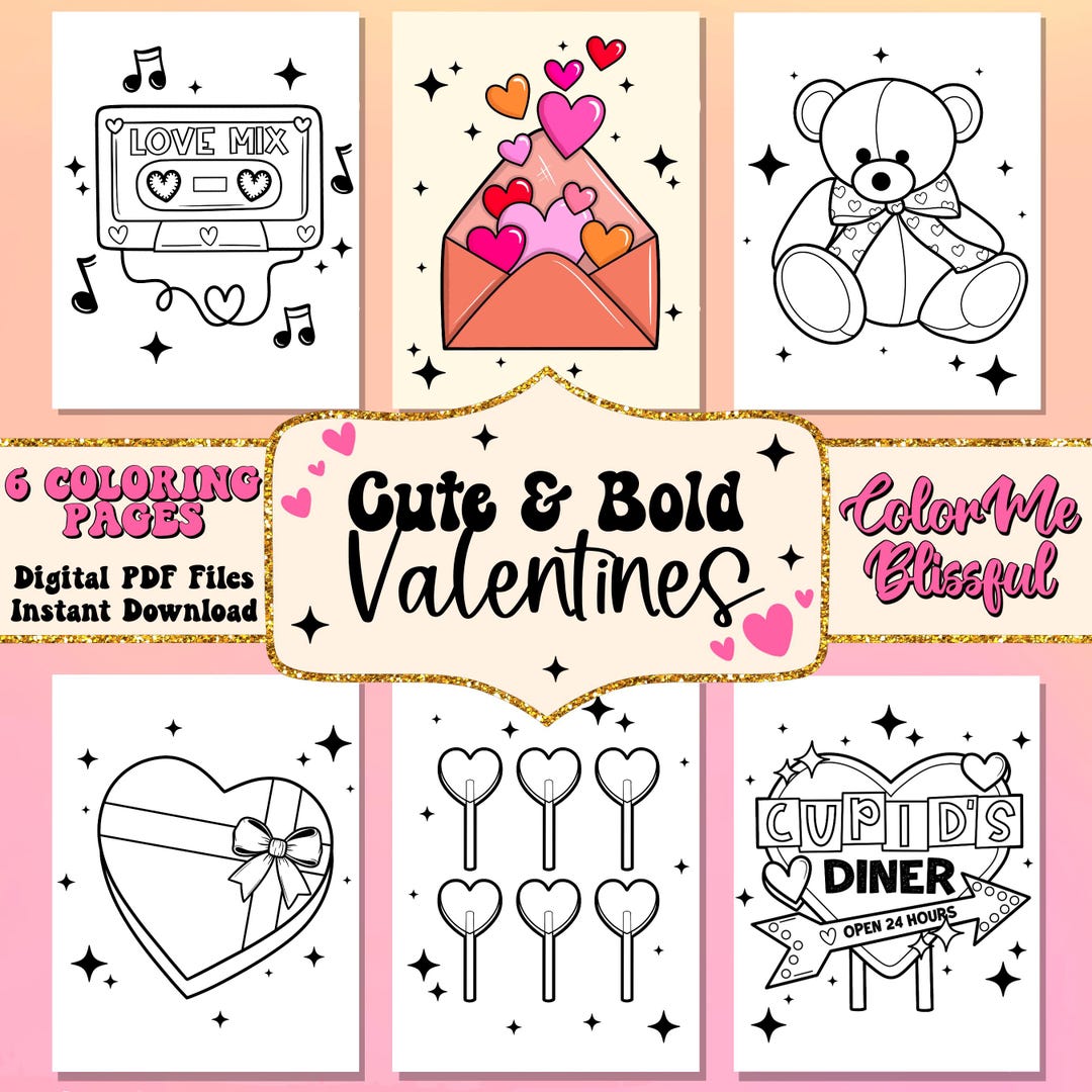 Cute and Bold Valentines Day Coloring Pages, Digital Coloring Pages ...