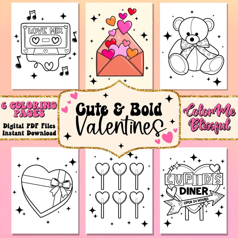 Cute and Bold Valentines Day Coloring Pages, Digital Coloring Pages ...