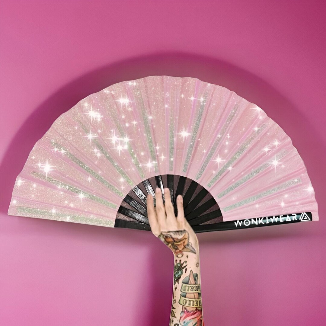Folding Fan Hand Held, Luxury Light Pink Glitter, Black Bamboo Ribs ...