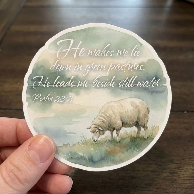 Psalm 23:2 Bible Verse Sticker, Green Pastures Watercolor Decal ...