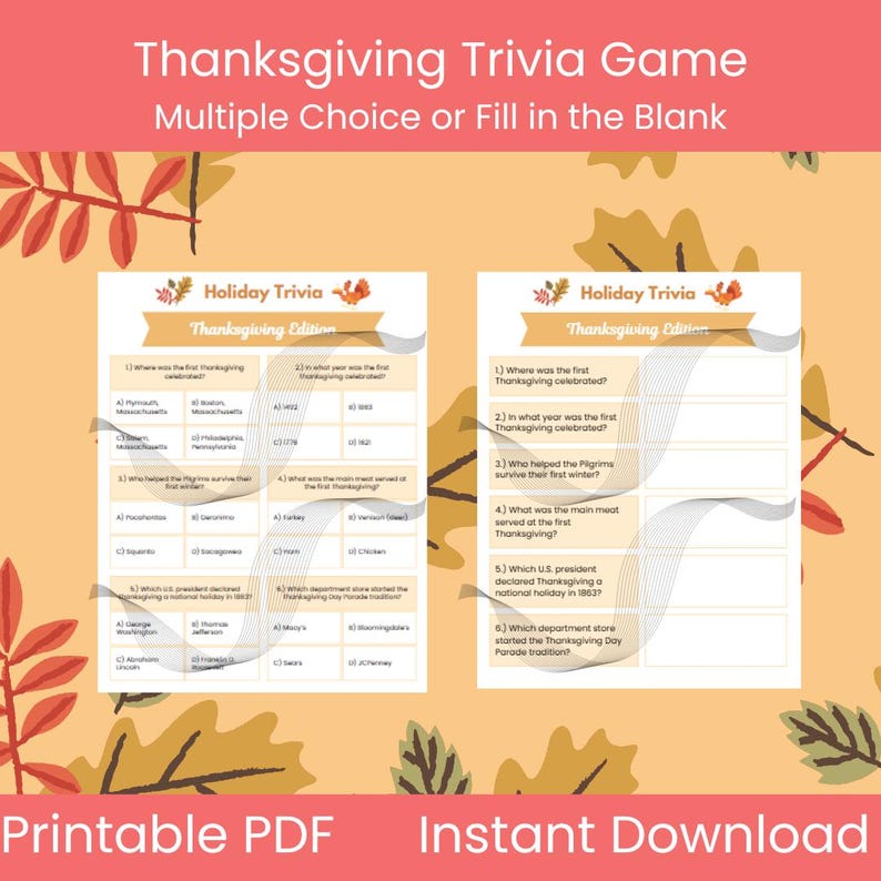 Thanksgiving Trivia Printable Thanksgiving Activity Game Holiday Trivia ...