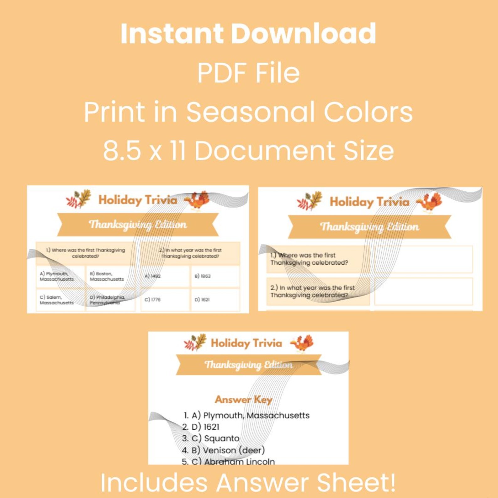 Thanksgiving Trivia | Printable Thanksgiving Activity Game | Holiday ...