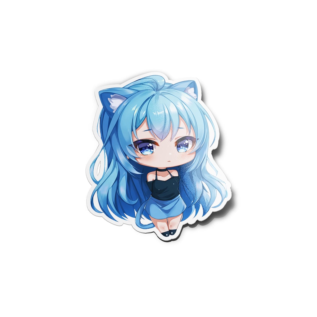 Pack STICKERS Chibi Catgirl Anime Kawaii Girl Blue Hair UV Water ...