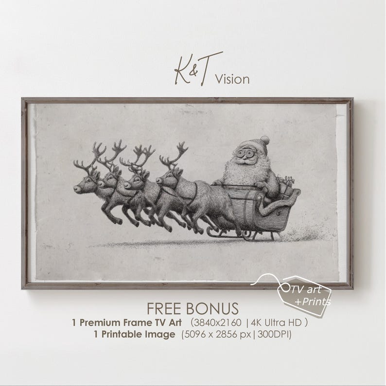 Vintage Santa Claus Etching – Reindeer Sleigh Christmas Wall Art ...