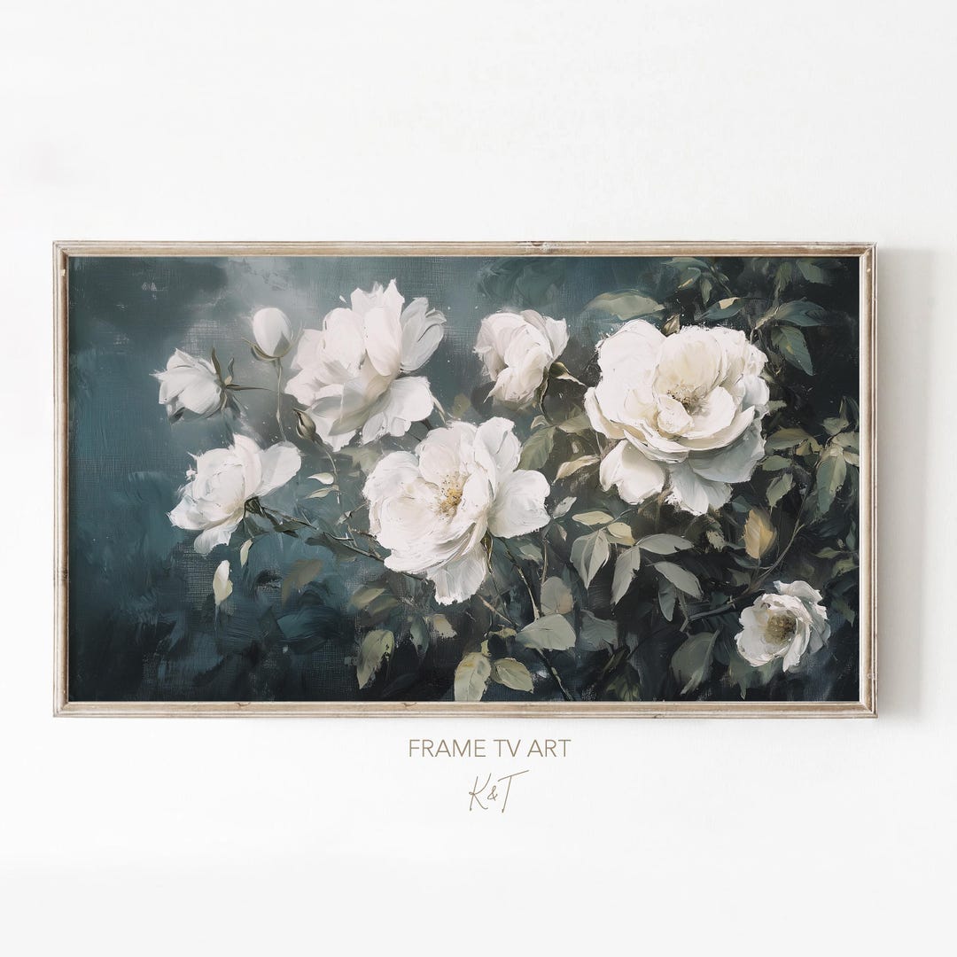 Frame TV Art White Rose, Spring Painting, Vintage Wall Art, Neutral Tv ...