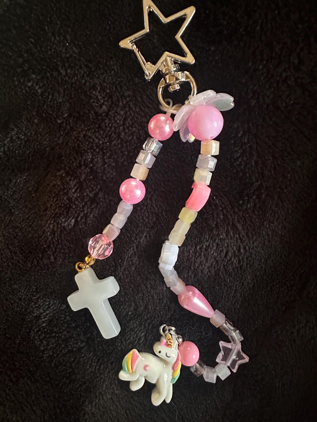 Pink Unicorn Y2K Girly Cute Keychain With Heart, Flower, Cristian Cross ...