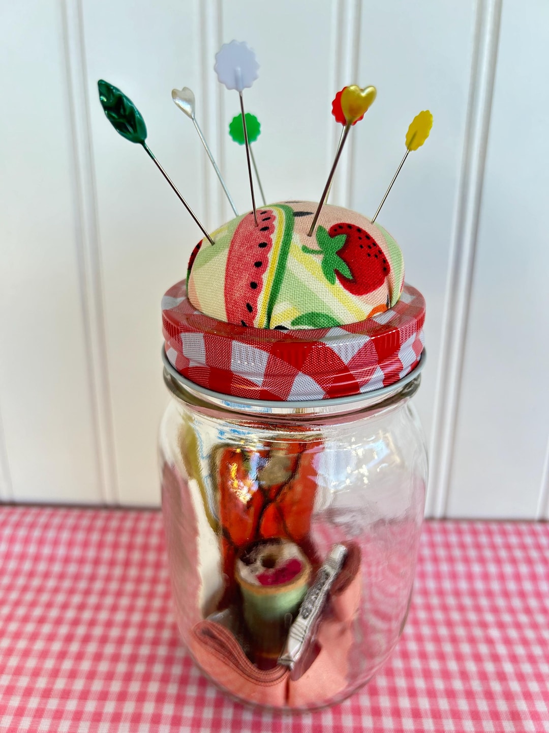 Vintage Jar With Vintage Sewing Notions Pin Cushion - Etsy