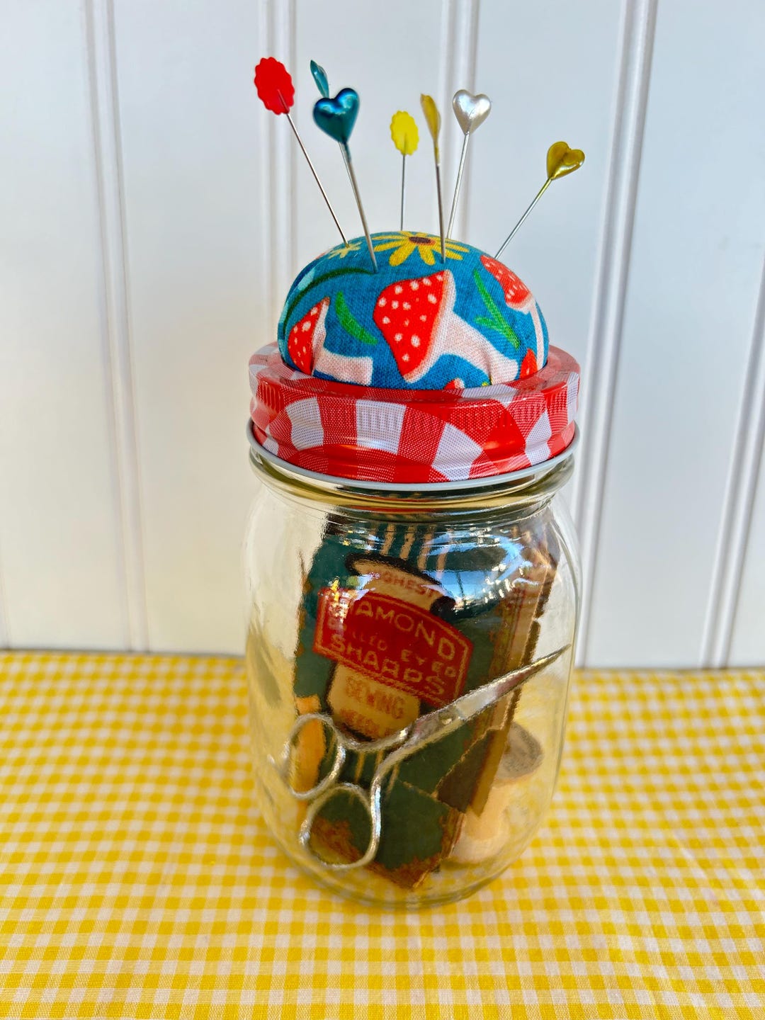 Vintage Jar With Vintage Sewing Notions Pin Cushion - Etsy