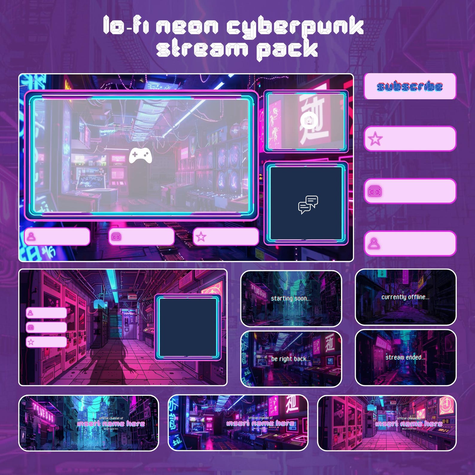 Lofi Neon Cyberpunk Stream Pack Bundle Retro-futuristic Overlays ...