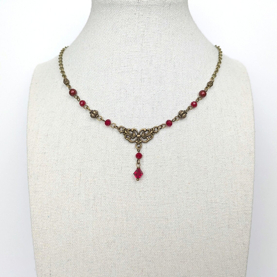 Vintage Art Nouveau Floral Dark Red Crystal Lavalier Necklace | Antique ...