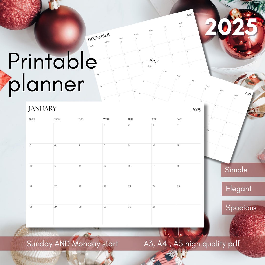 2025 Monthly Planner Template Printable A3, A4, A5. Sunday AND Monday ...