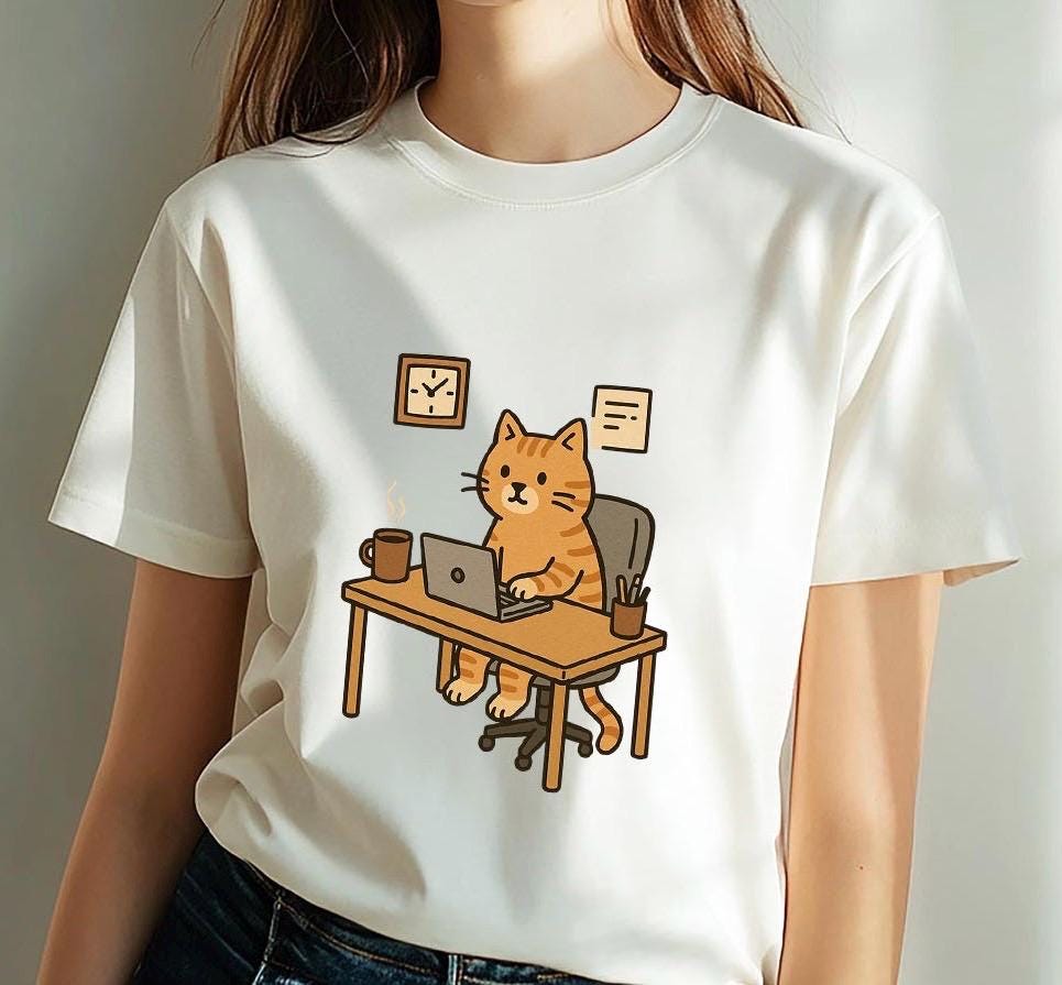 Cat Working Art, Cute Office Cat, Desk Cat Illustration, Cat at Work ...