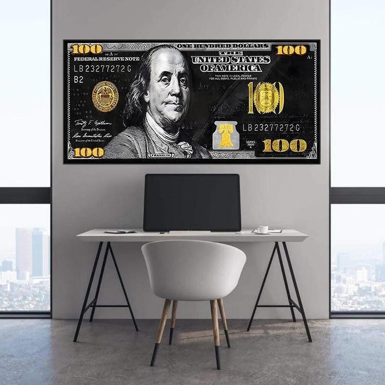 Black White Gold 100 Dollar Bill Canvas Art Print Poster Money Canvas ...