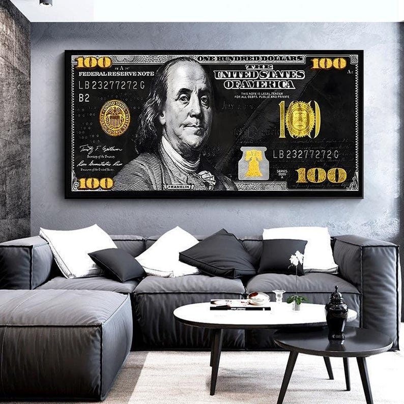 Black White Gold 100 Dollar Bill Canvas Art Print Poster Money Canvas ...