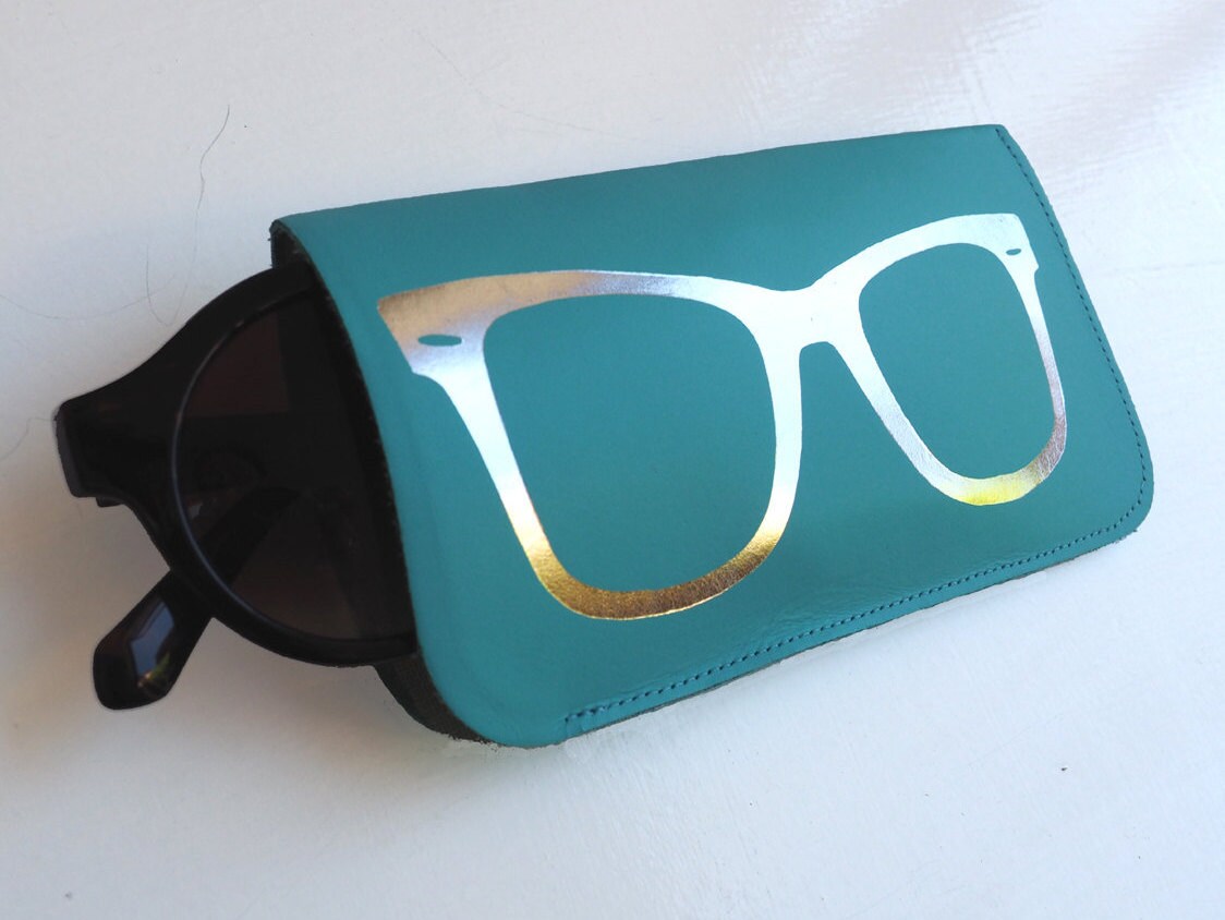 Turquoise Leather Glasses Case: Silver Frame Embossed Sunglasses Holder ...