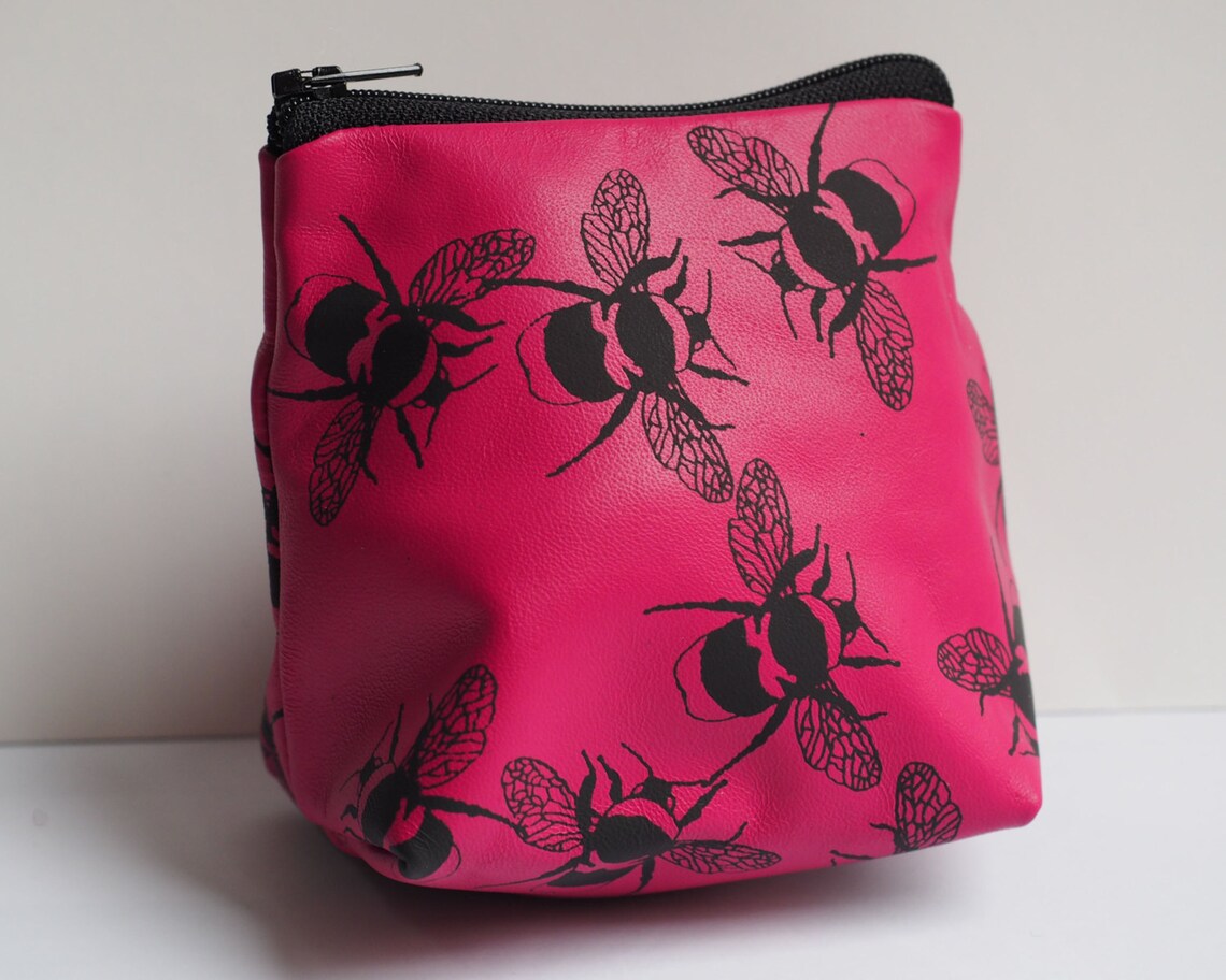 Bees Print Leather Pouch Purse Handmade in Soft Fuchsia Pink - Etsy UK