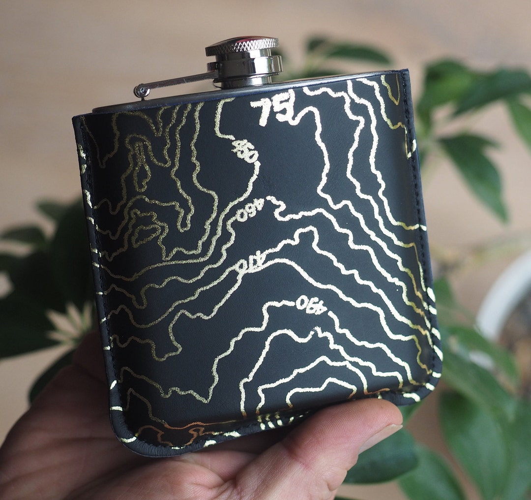 Personalized Contour Map Hip Flask: Black Leather & Gold Foil - Etsy