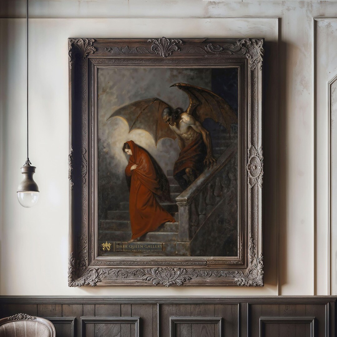 Girl and Demon Printable Wall Art, Macabre Antique Oil Painting, Dark ...