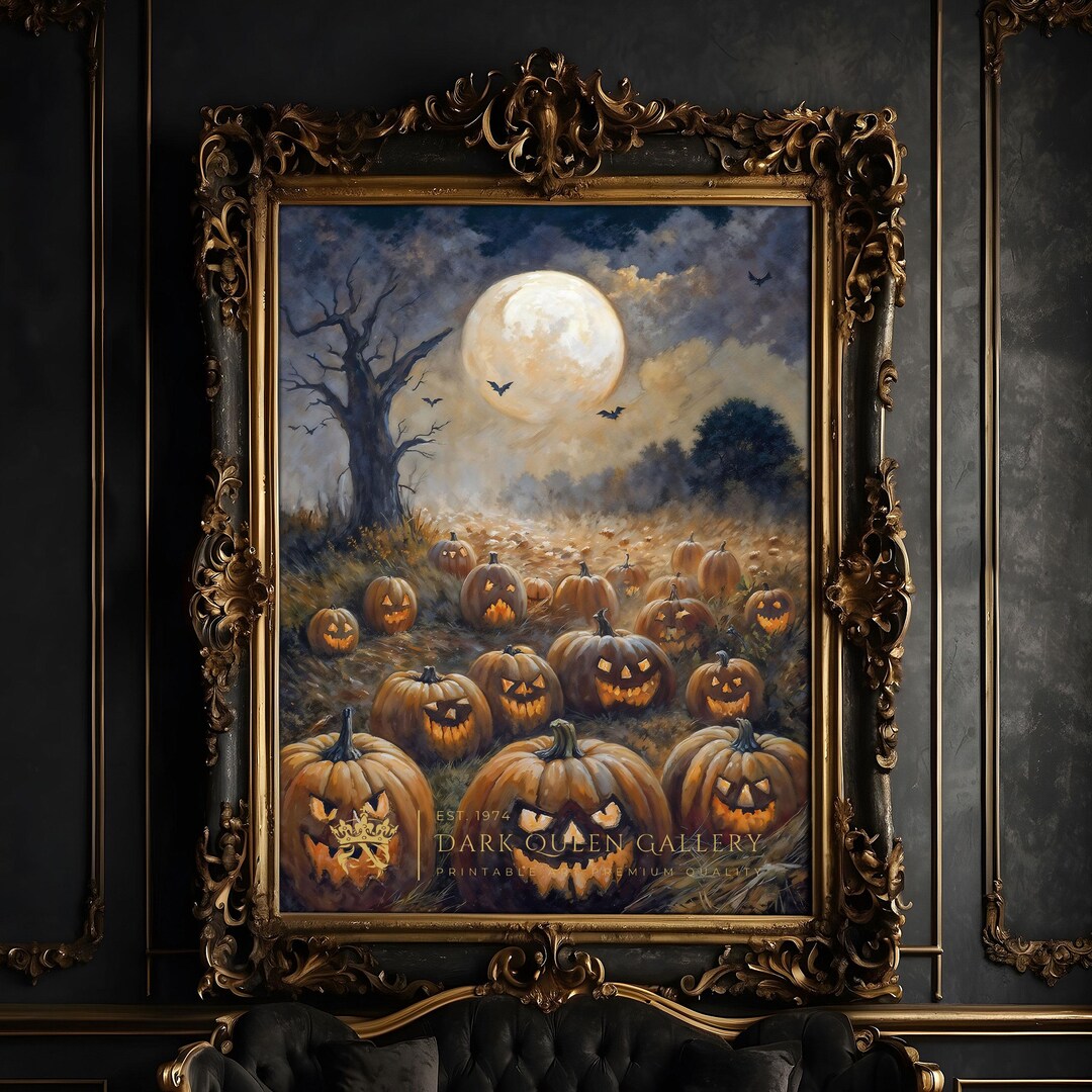 Gothic Pumpkin Field Print: Dark Academia Haunted Moonlight Art ...