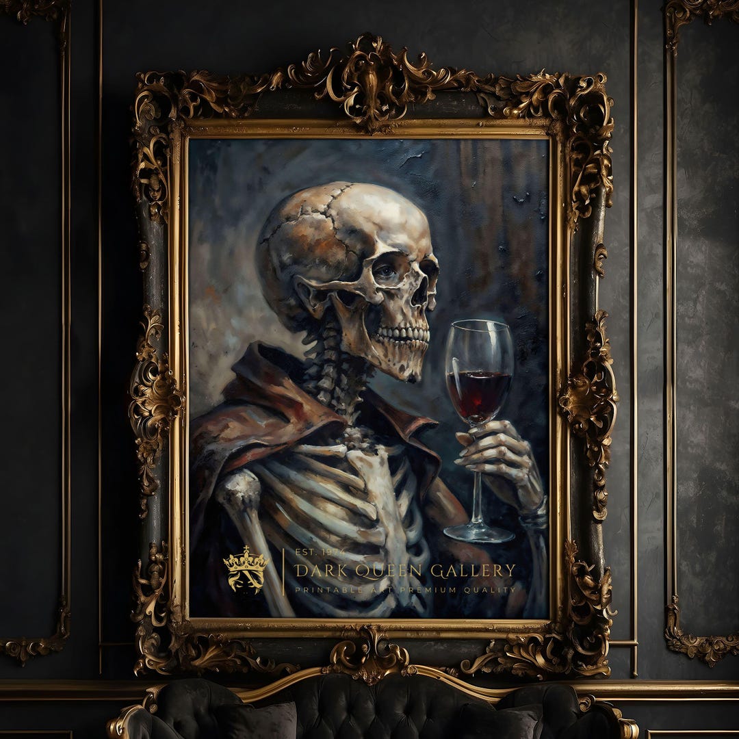 Elegant Skeleton Holding Wine Glass - Digital Print for Gothic Home ...