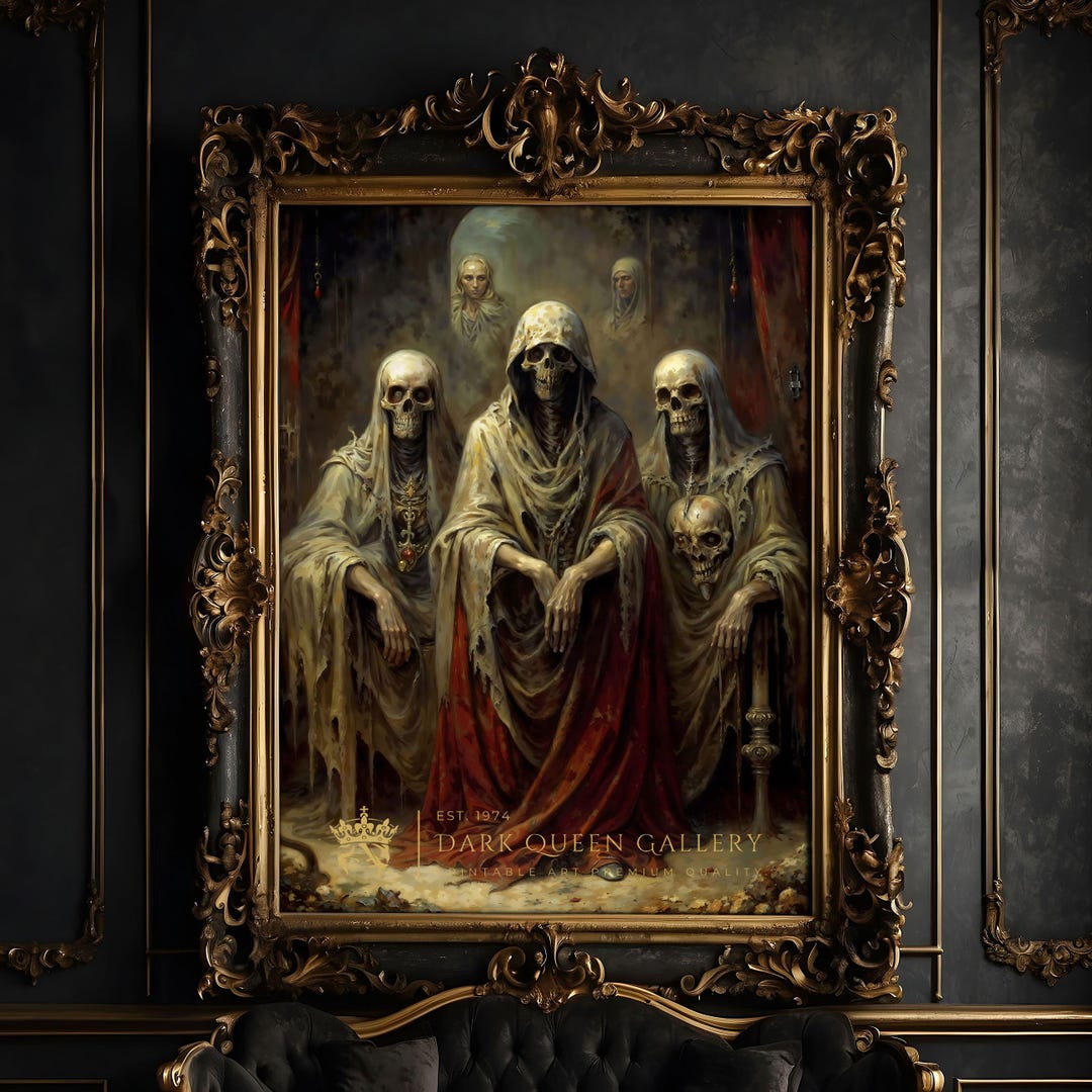 Hellish Three Gothic Wall Decor - Dark Art Print, Skeleton Group Oil ...