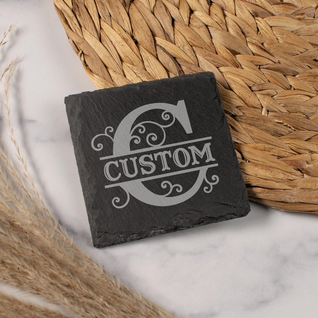 Filigree Split Monogram Custom Slate Coaster, Personalized Laser ...