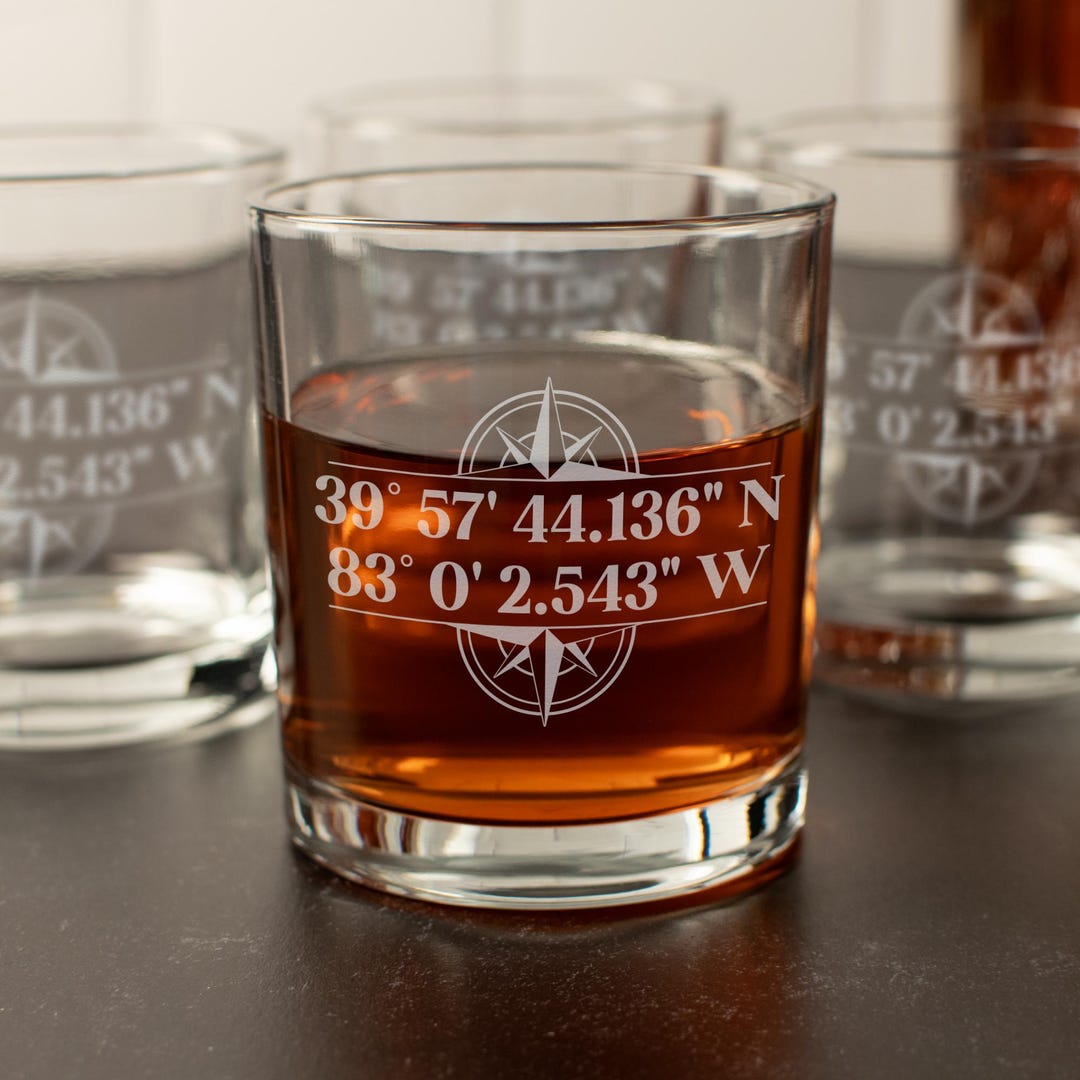 Compass Coordinates 10oz Old Fashioned Glass, Personalized GPS Text ...