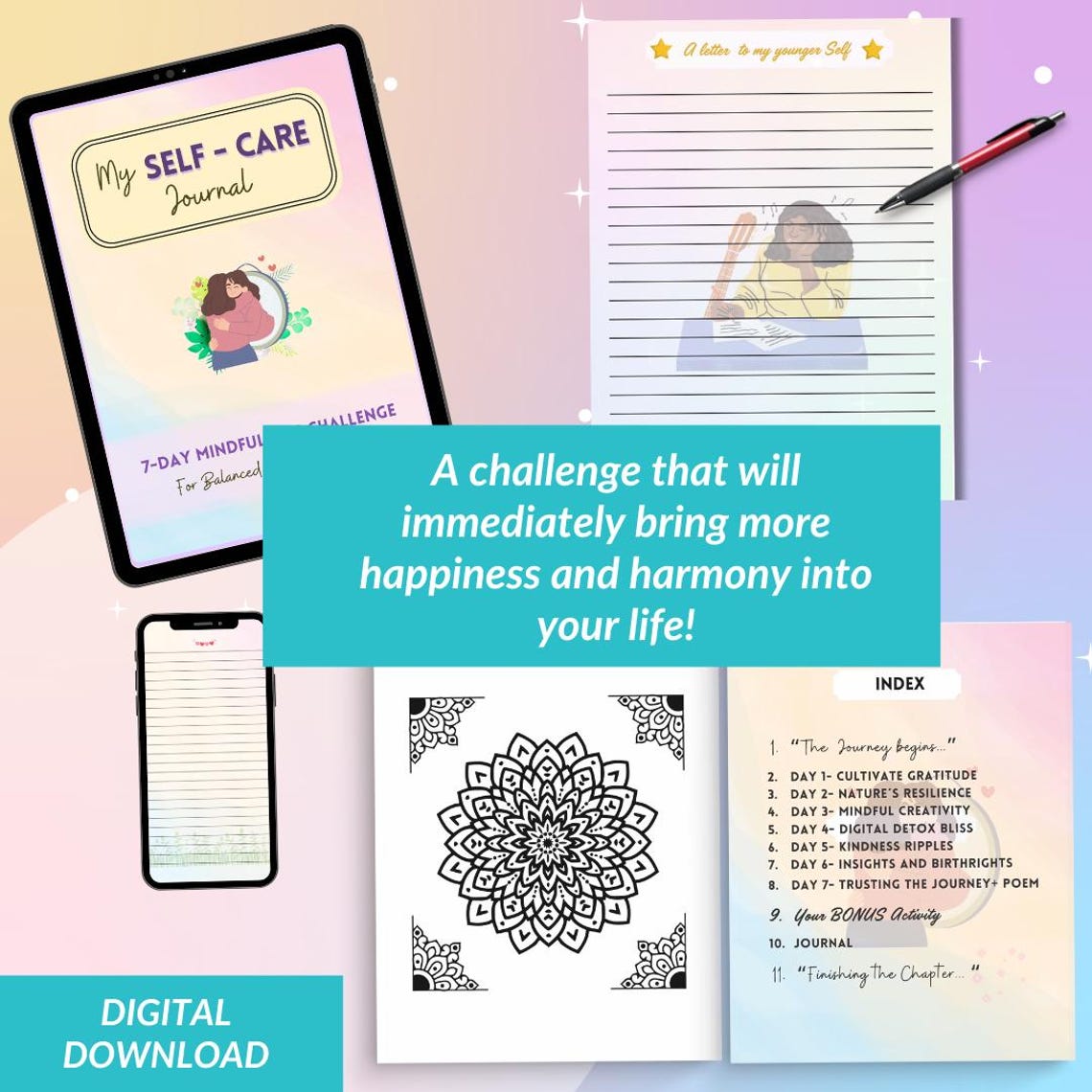 Self Care Journal, 7 Day Mindfulness Challenge Journal, Affirmation ...