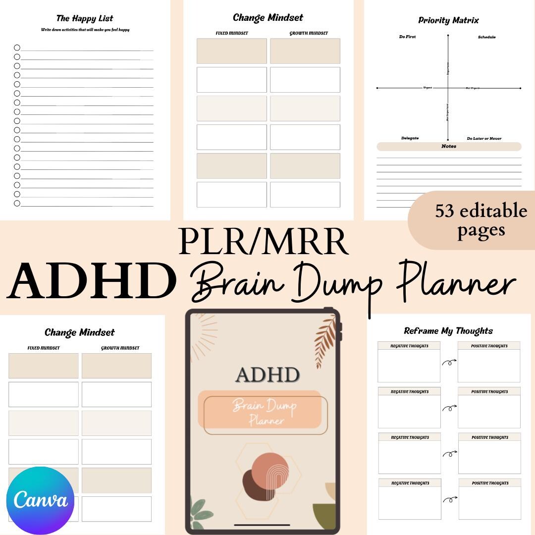 PLR ADHD Brain Dump Template, ADHD Daily Planner, Productivity, Priority Matrix, Work Day ...