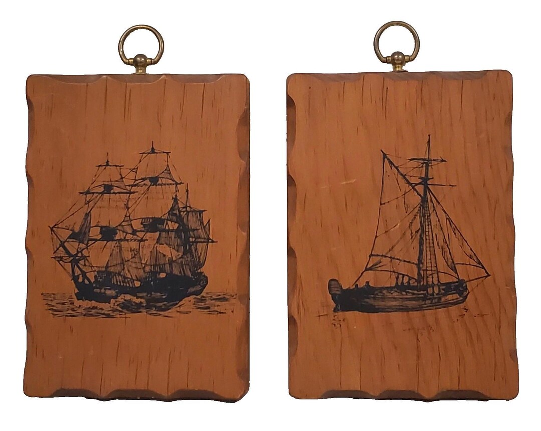 Vintage USA Pair Wooden Sailing Ship Wall Plaques - Brass Hangers ...