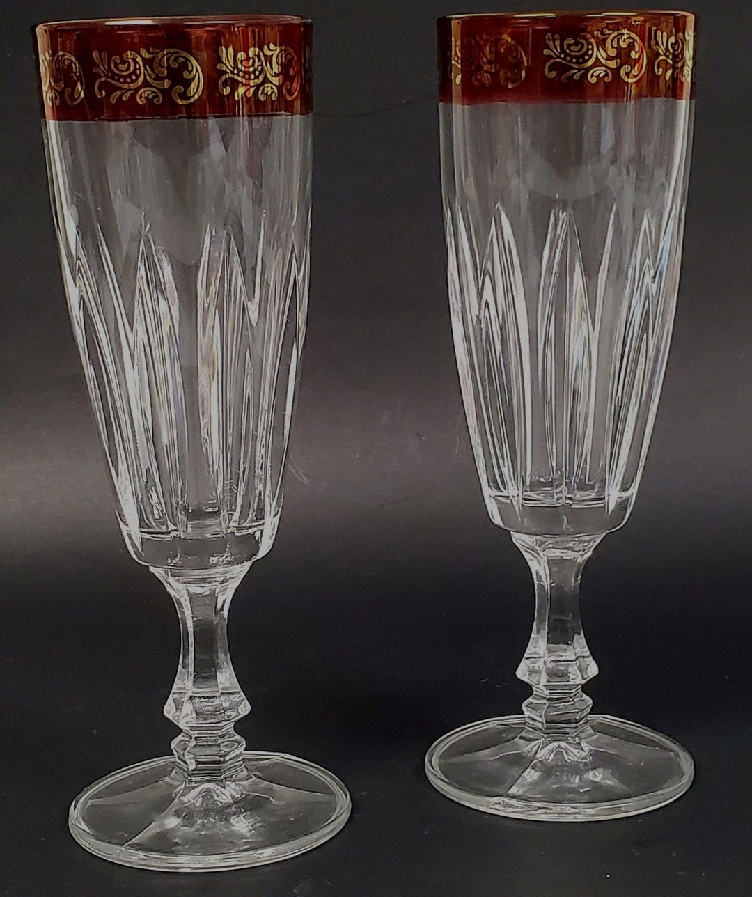 Set of 2 Cristal D’arques Durand Ruby Gold Encrusted Rim Fluted ...