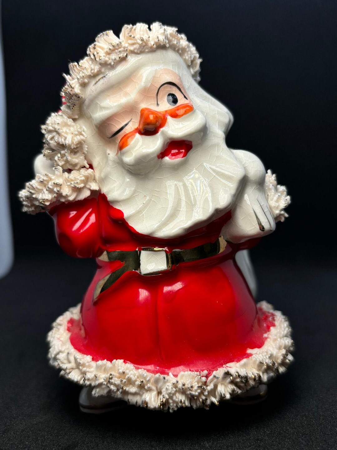 Lefton Vintage Santa Planter/candy Dish With Spaghetti Trim Winking 4.5 ...