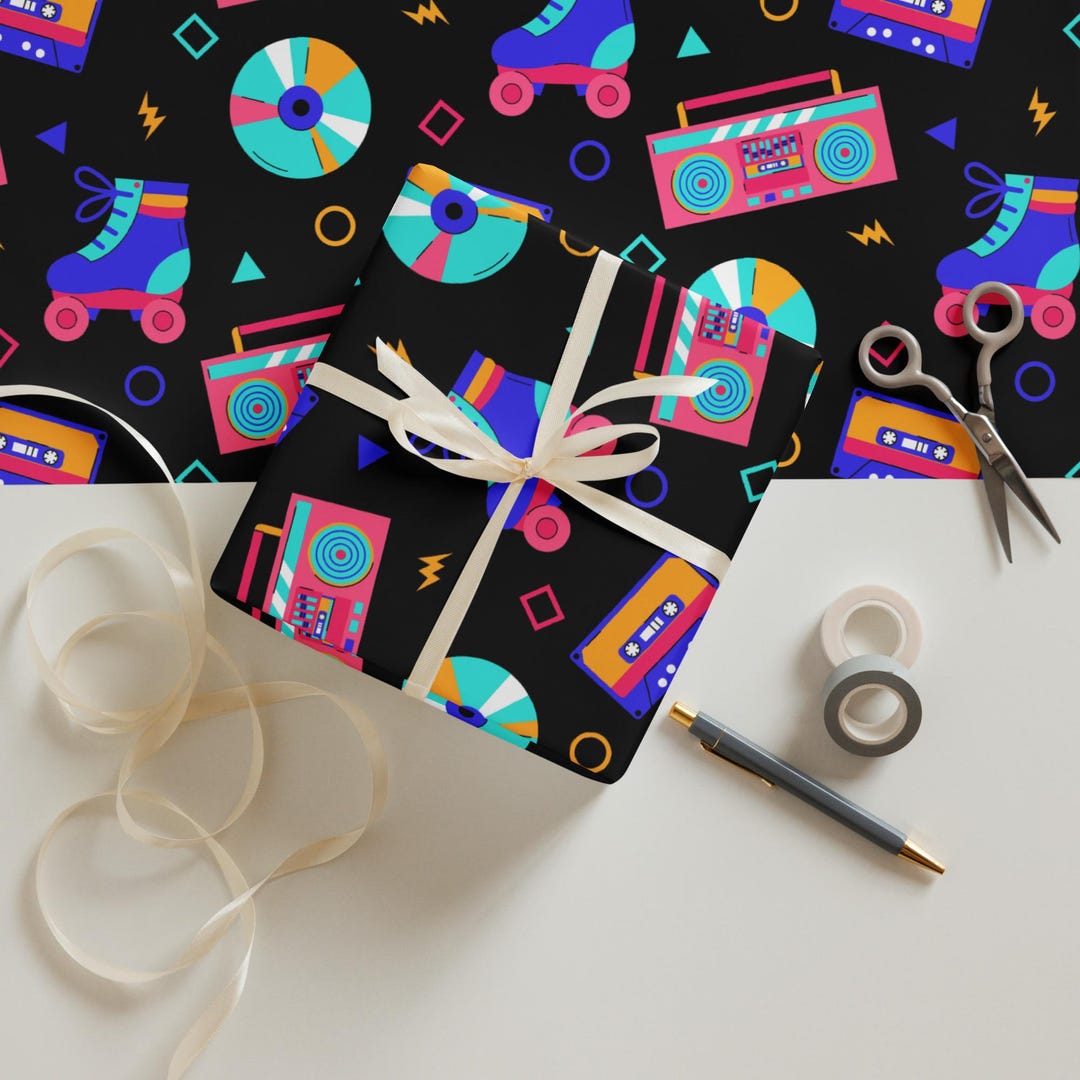 80s Themed Wrapping Paper: Boombox, Skates, Cassette Tapes - Set of 3 ...