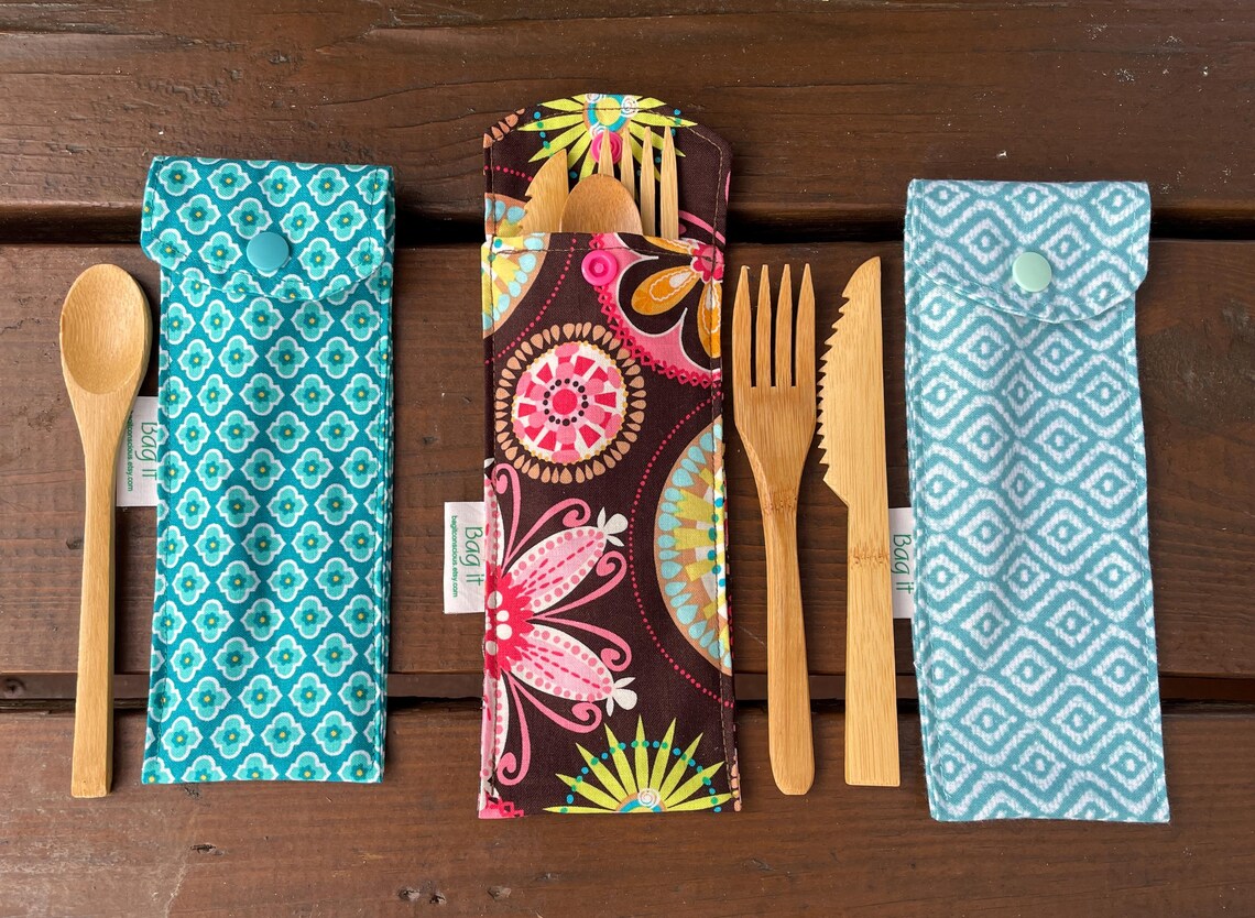 Travel Carrying Pouch and Bamboo Cutlery - Picnic Cutlery Case - Fabric ...