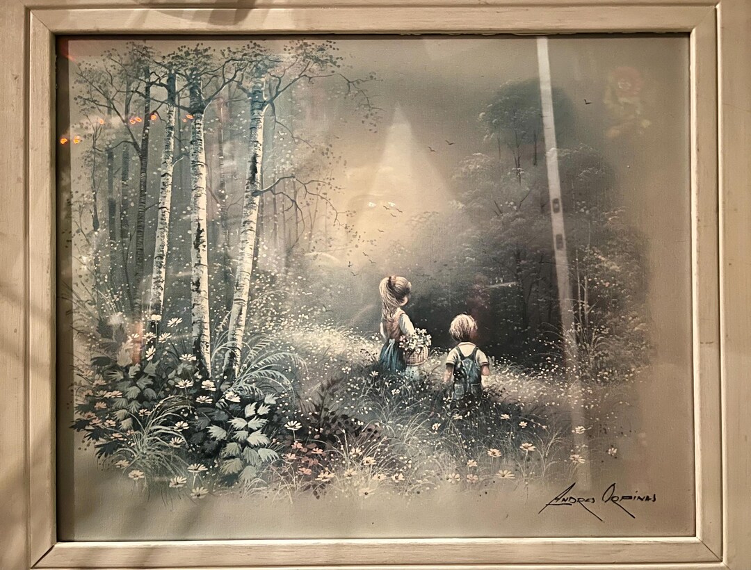Vintage Andres Orpinas Art Print, Boy and Girl Collecting Flowers ...