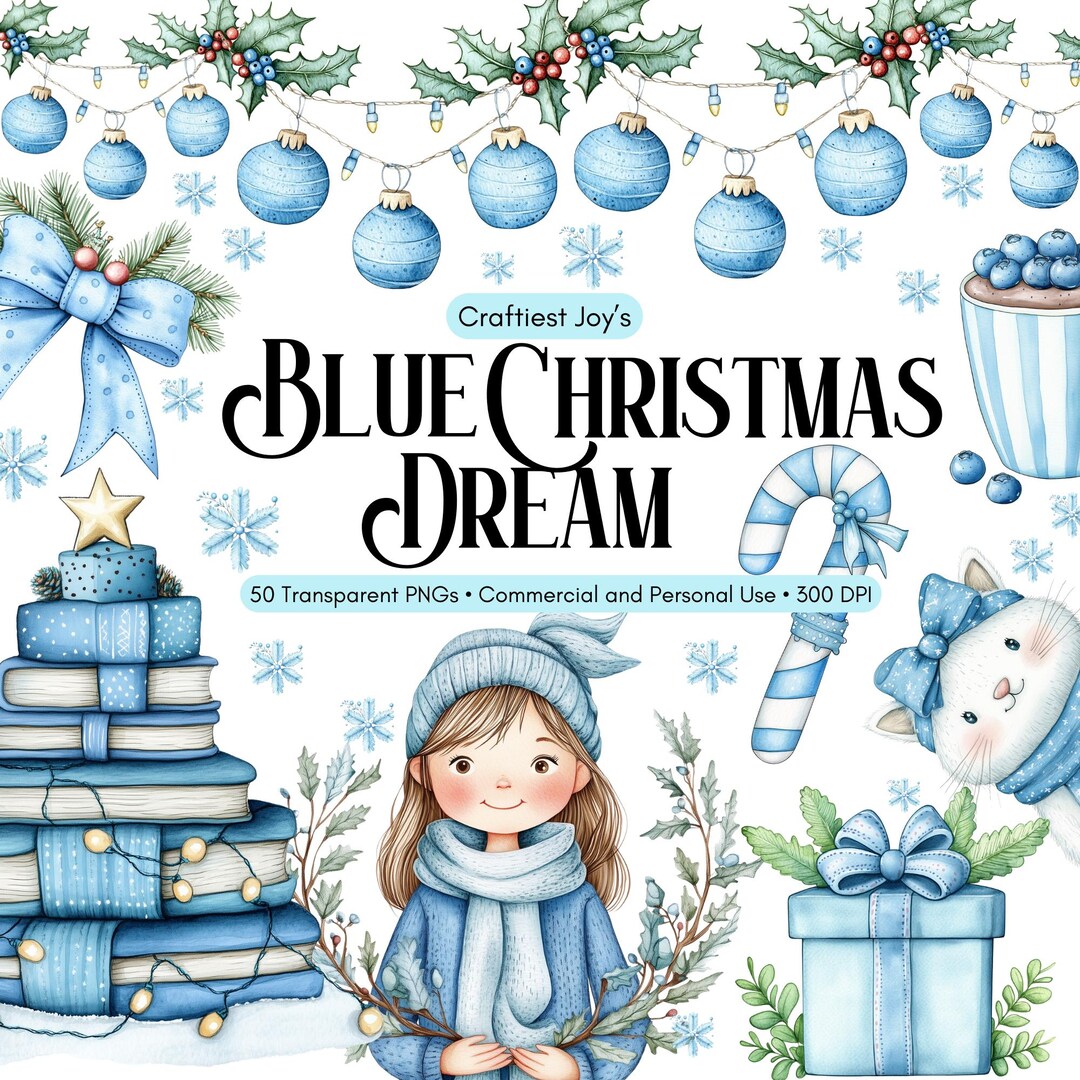 Blue Watercolor Cozy Christmas Winter Clipart Cute Blue Ornaments ...