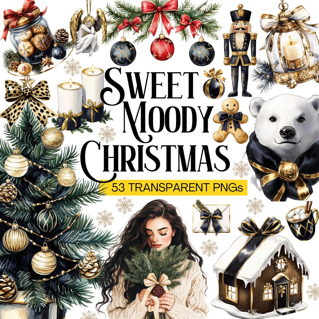 Moody Black Christmas Tree Clipart Elegant Dark Christmas PNG Ornaments ...