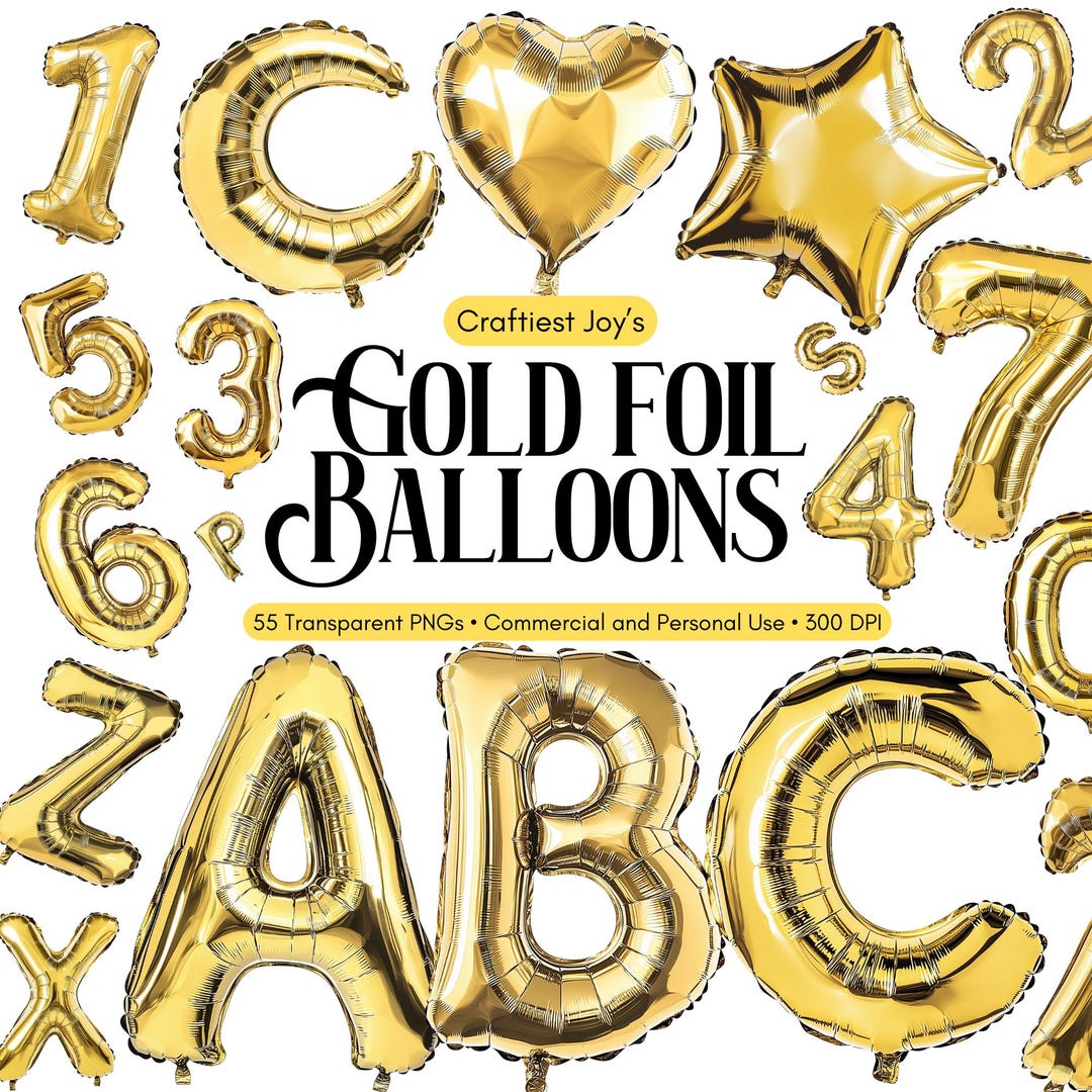 Gold Balloon Numbers Clipart Set Foil Balloon Clipart Party Celebration ...