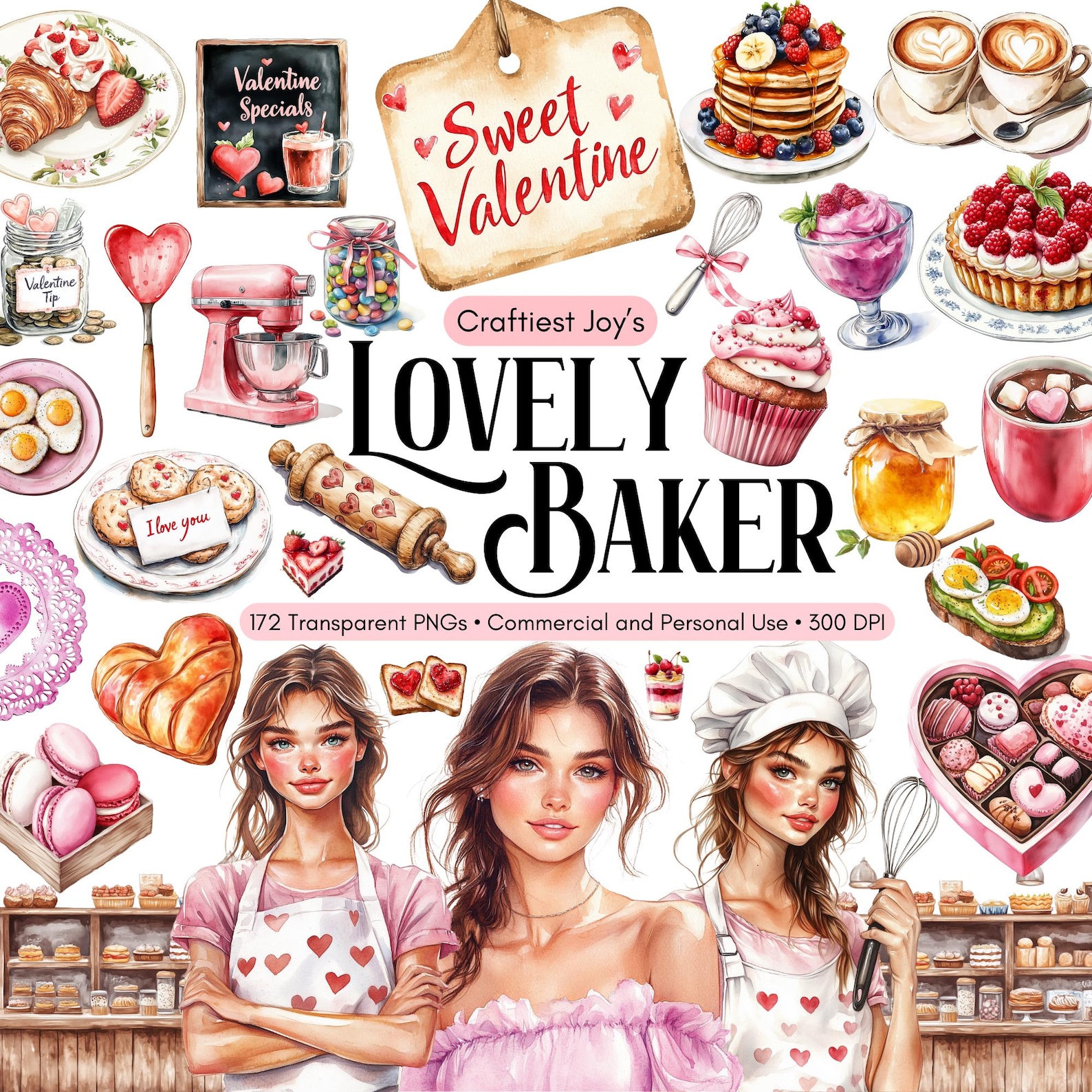 Watercolor Bakery Clipart Kawaii Clipart Baker PNG Baking Graphics ...