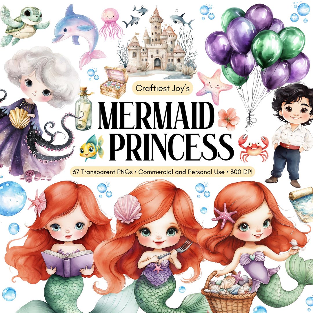 Cute Mermaid Princess Ariel Clipart Pack Little Mermaid Fairytale ...