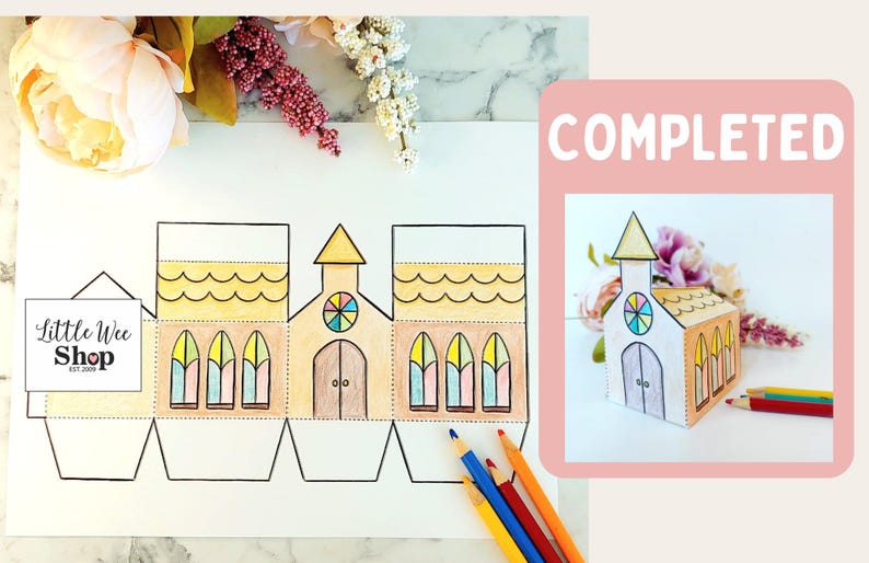 Paper Church Coloring Activity, 3D Paper Church, Christmas Village ...