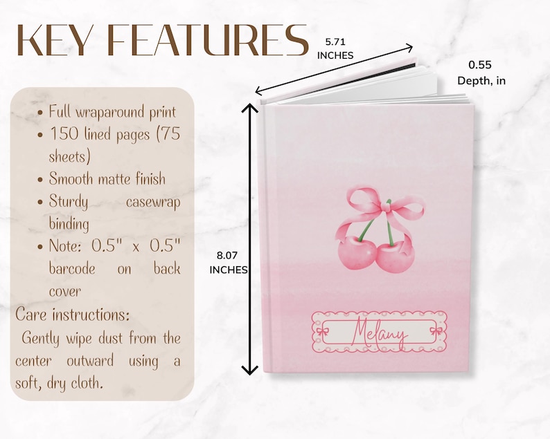 Coquette Cherry Bow Personalized Notebook Custom Pink Journal for Girls ...