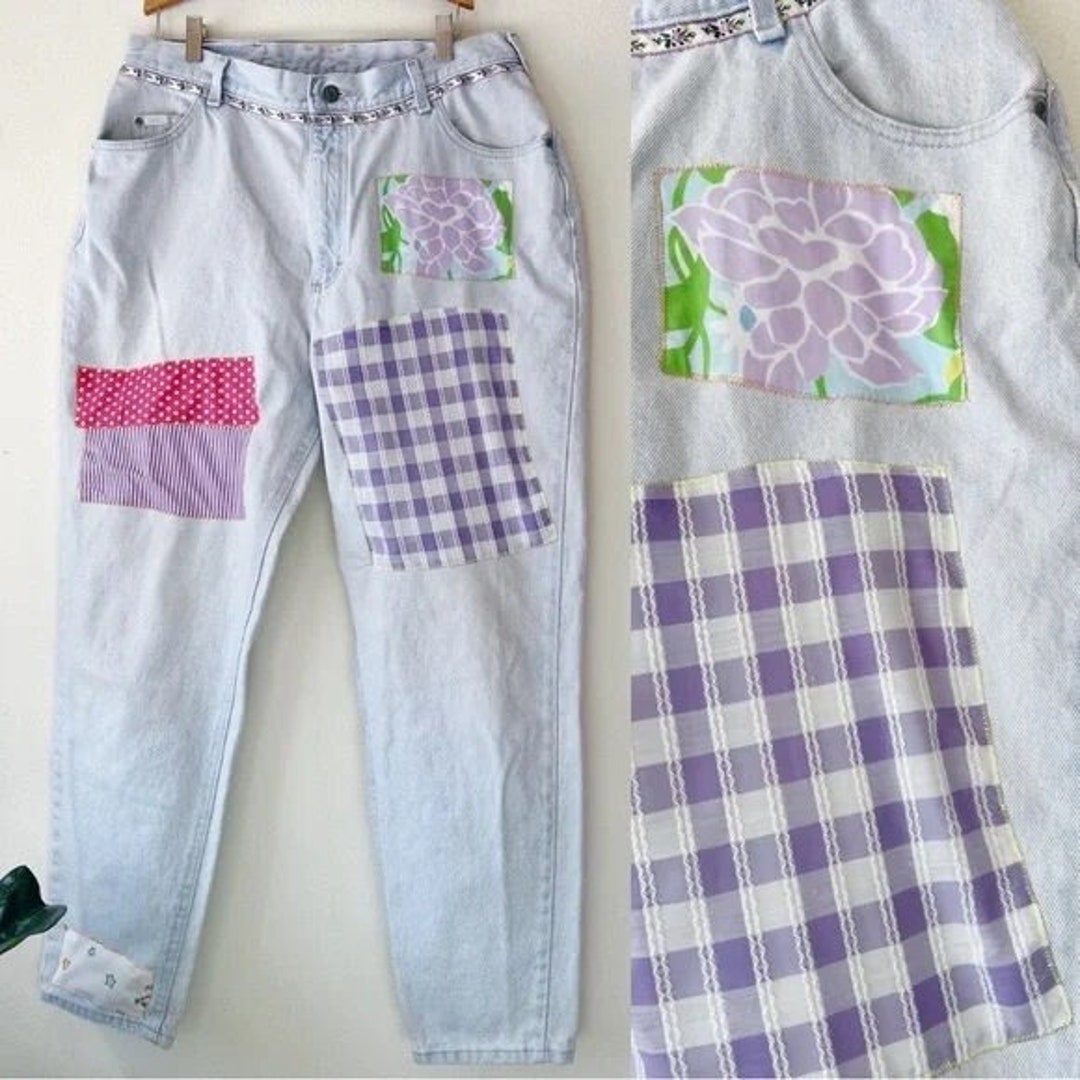 Vintage Womens Mom Patchwork Boho Hippie Reworked Jeans 34x30 - Etsy