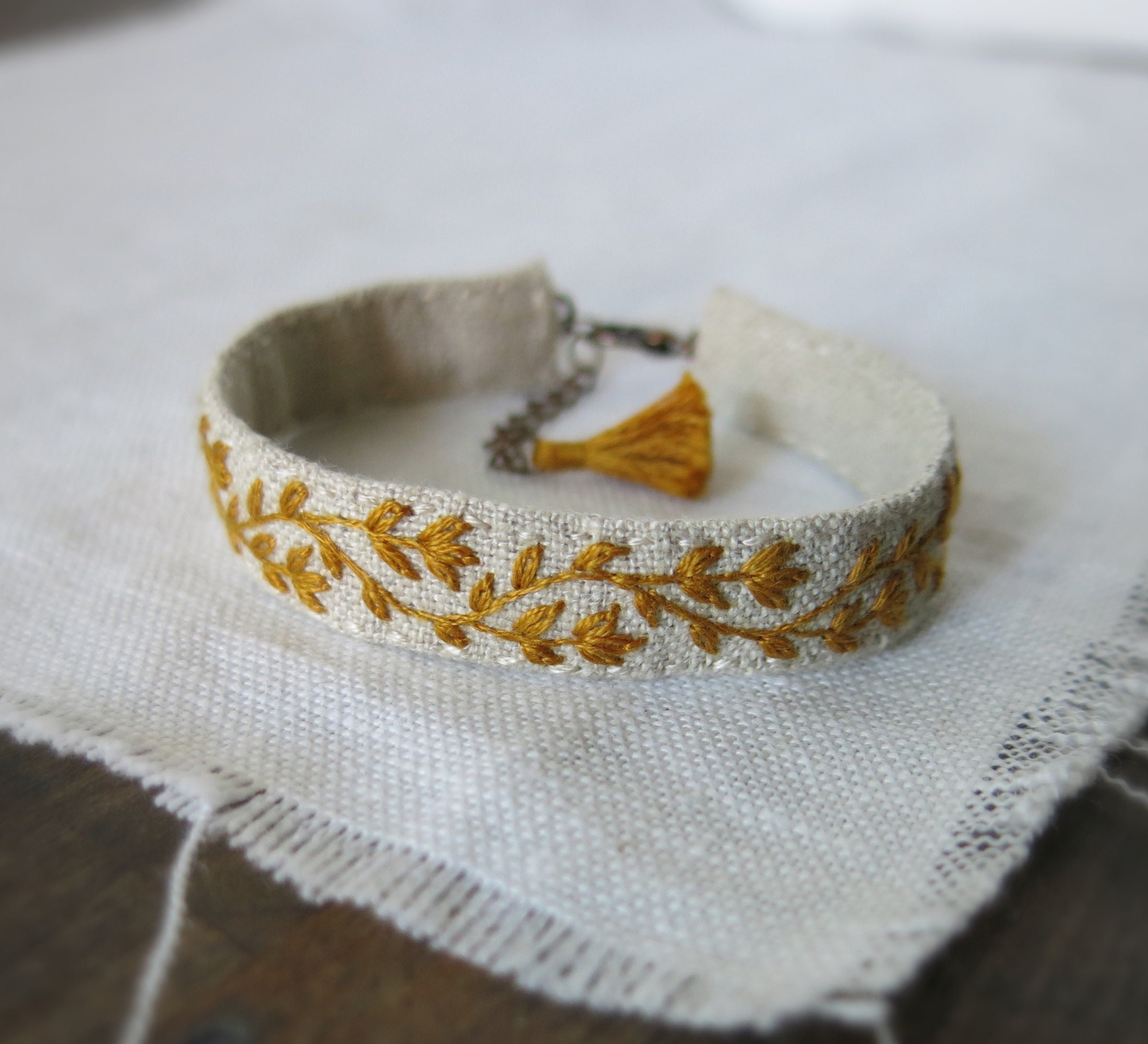 Hand Embroidered Linen Cuff Bracelet: Mustard Yellow Floral Vine, Boho ...