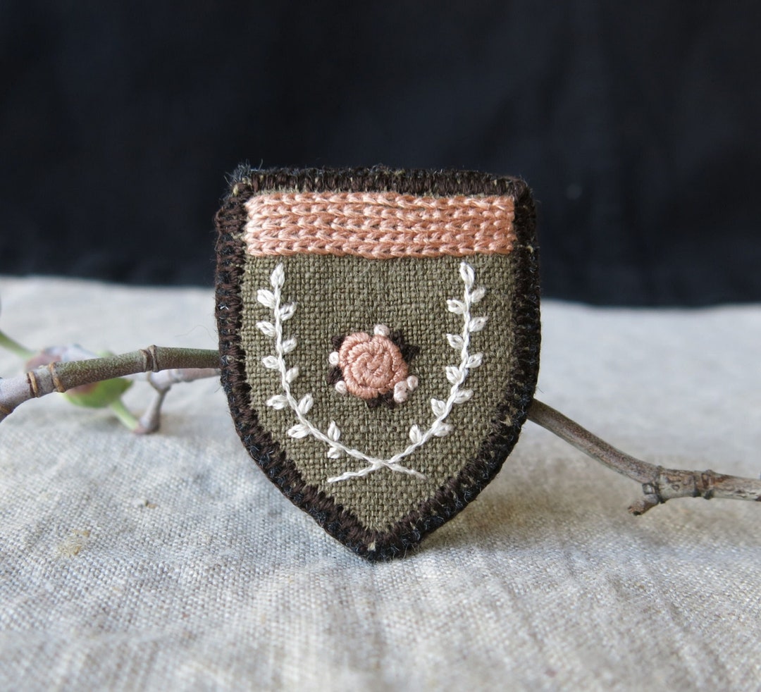 Rose and Vines Floral Hand Embroidered Shield Brooch Pin, Textile Art ...