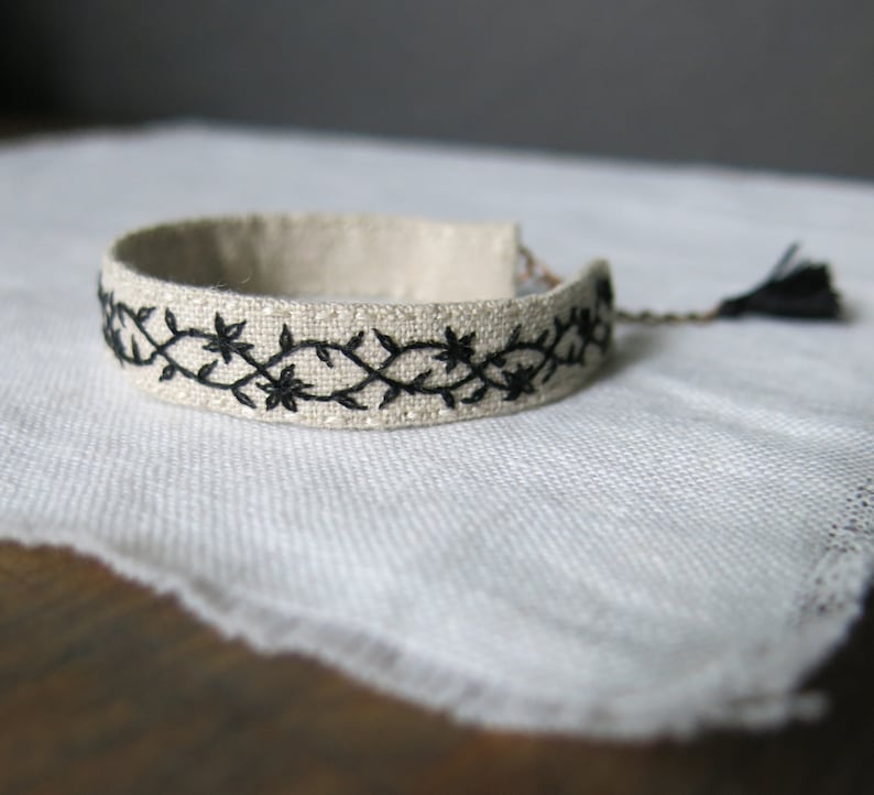 Vine Bracelet, Hand Embroidered Natural Linen Stackable Cuff Bracelet ...