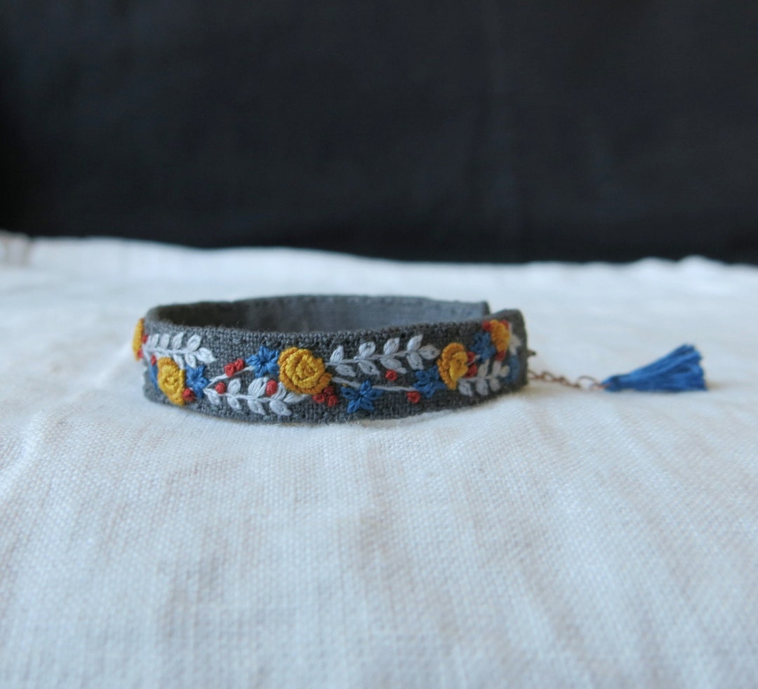 Yellow Rose Hand Embroidered Textile Art Cuff Bracelet, Floral Fabric ...