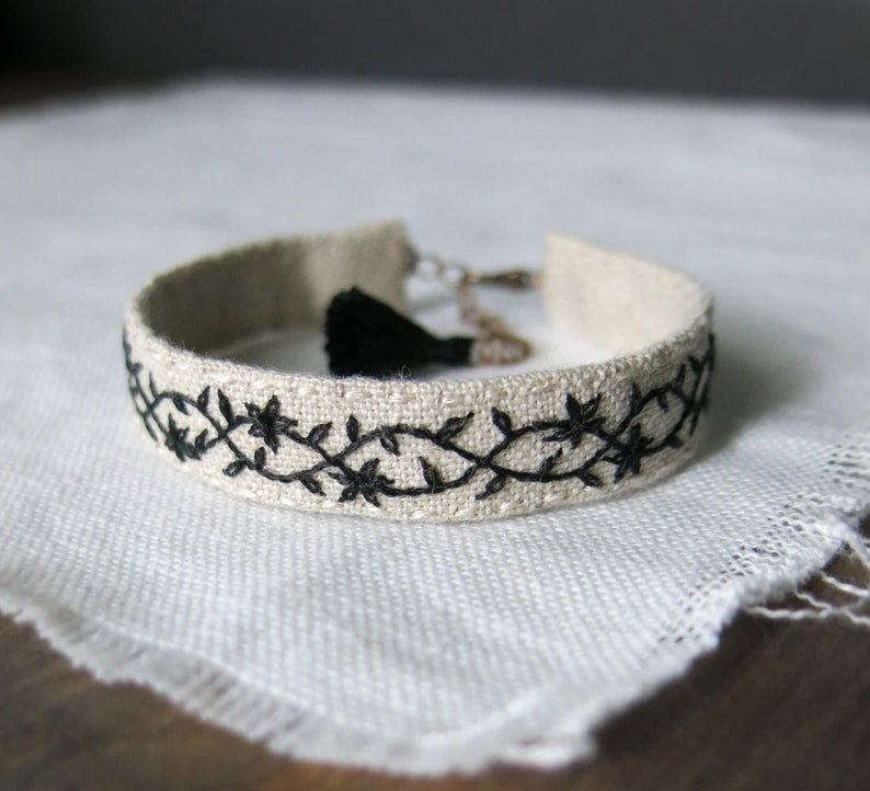 Vine Bracelet, Hand Embroidered Natural Linen Stackable Cuff Bracelet ...