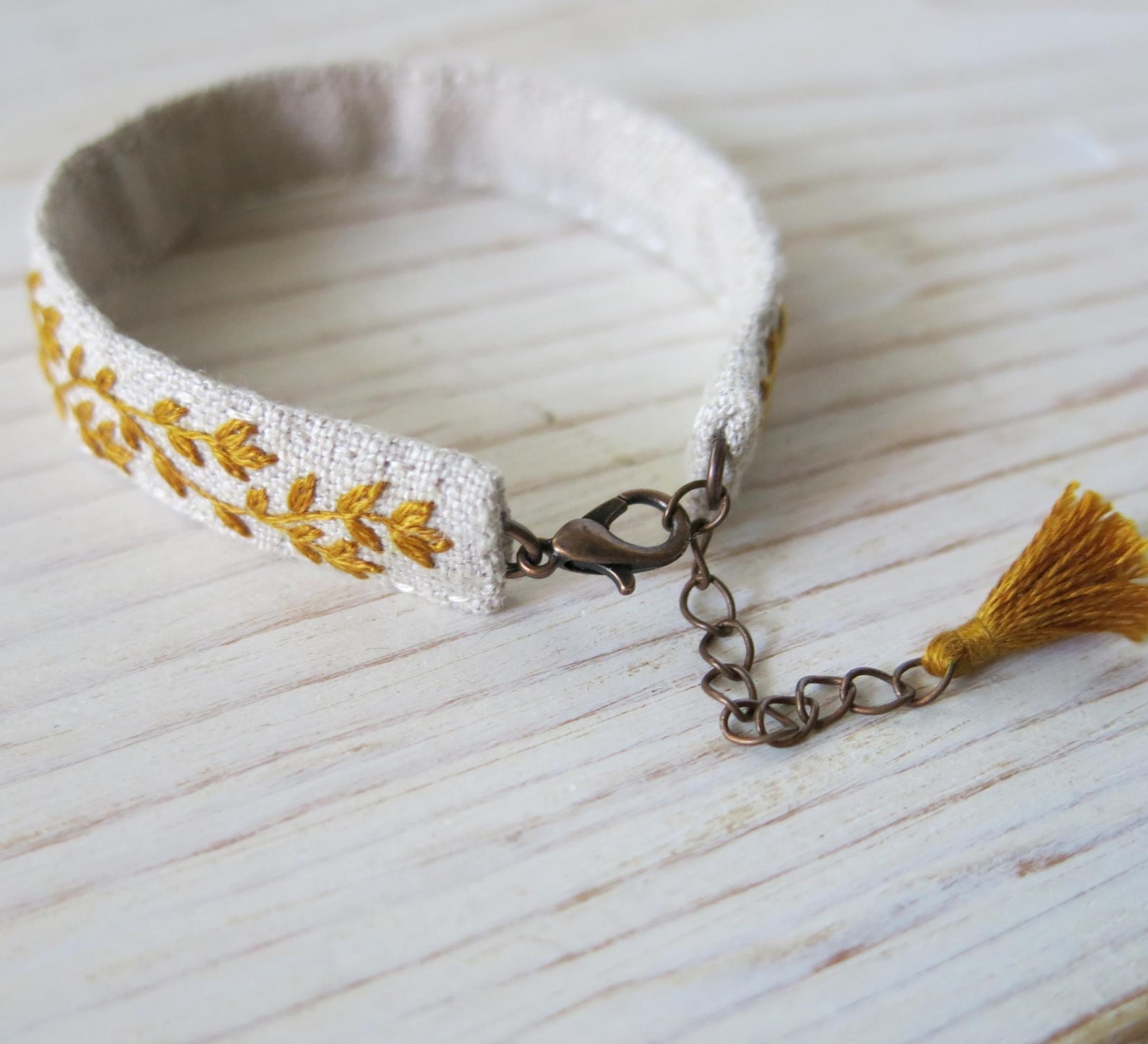 Hand Embroidered Linen Cuff Bracelet: Mustard Yellow Floral Vine, Boho ...